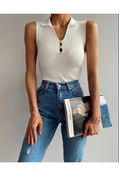 JDR Kolsuz Düğme ve Yaka Detaylı Triko Bluz