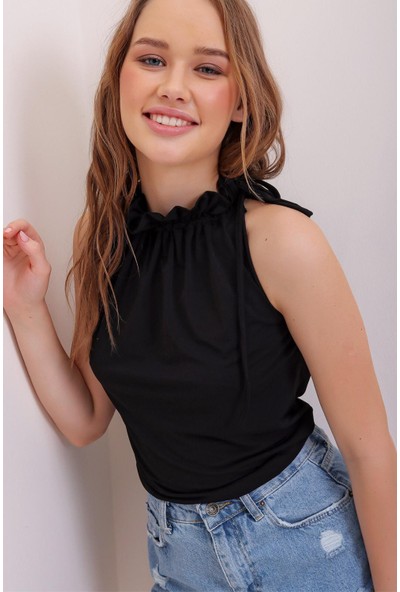 JDR Boyun Büzgülü Kolsuz Bluz