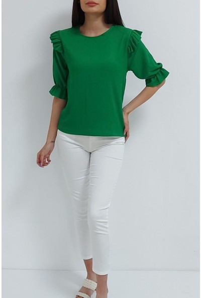 Luwi Shopping Omuzu Fırfırlı Bisiklet Yaka Bluz Yeşil