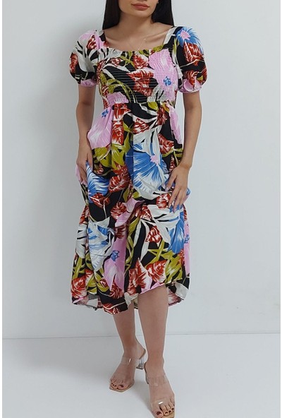 Madonna Yaka Desenli Elbise Siyah