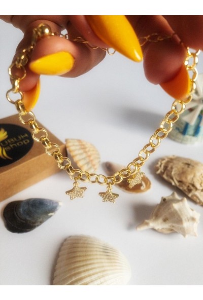 Ubuh Shop Kadın Paslanmaz Çelik Altın Zirkon Taşlı Yıldız Figürlü Sallantılı Bileklik
