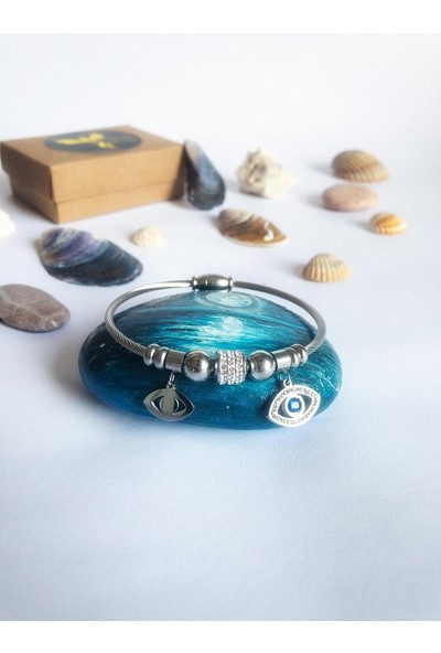 Ubuh Shop Paslanmaz Çelik Kadın Zirkon Taşlı Pandora Nazar Boncuğu Göz Figürlü Taşlı Kelepçe Bileklik Bilezik Gümüş
