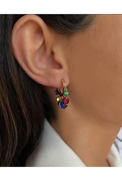 Ubuh Shop Kadın Paslanmaz Çelik Zirkon Taşlı Sallantılı Çok Renkli Halka Küpe