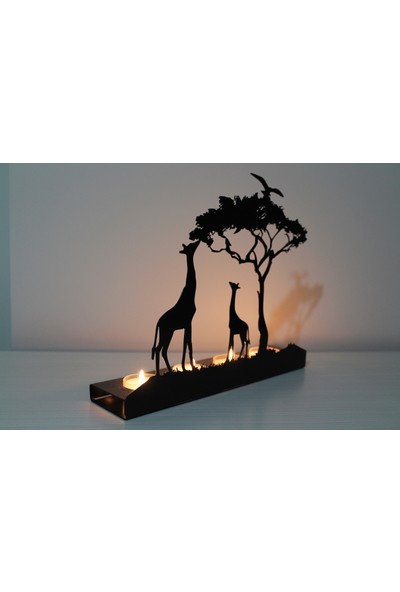 Zürafa Afrika Modeli Şamdan Dekorasyon Antrasit Siyah Metal / 4 Mumlu