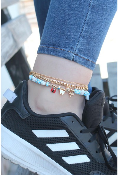 Clariss Gold Zincirli Mavi Taşlı Uğur Böceği Detay Çoklu Halhal Clariss Gold Zincirli Mavi Taşlı Uğur Böceği Detay Çoklu Halhal