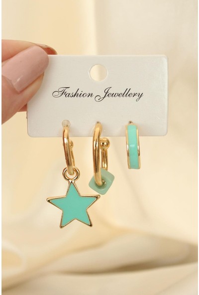 Clariss Su Yeşili Mineli Yıldız Model Küpe Seti