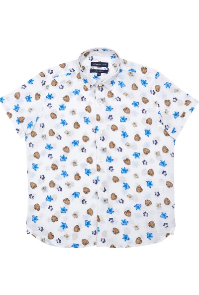 Hemington Çiçek Desenli Saf Keten Kısa Kollu Çocuk Gömlek