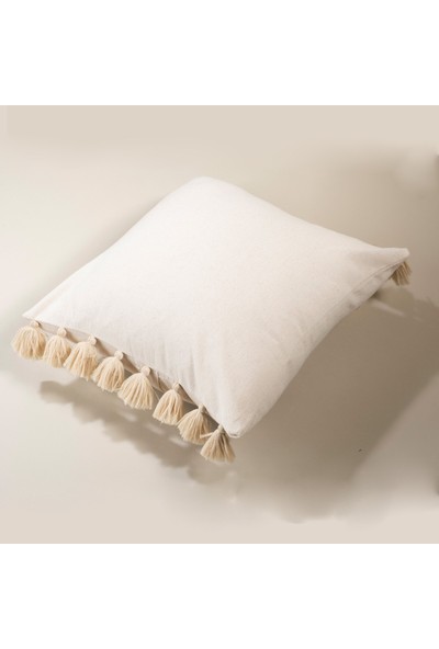 Vivamaison Tekli Özel Tasarım Ham Keten Ekru Iki Kenarı Püsküllü Kırlent Yastık Kılıfı 43 x 43 cm