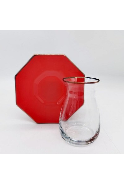Glore Sekizgen Kırmızı Rose Gold 6 Kişilik Çay Seti 12237