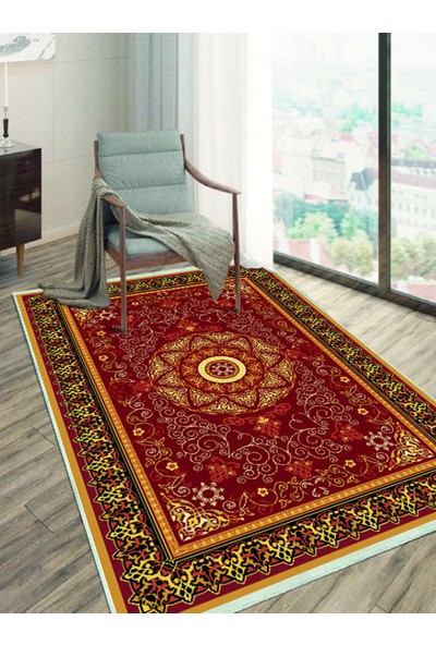 Sihirli Halı Özel Üretim Makinede Yıkanabilir Deri Taban Kırmızı Renkli Dijital Baskı Salon Halısı