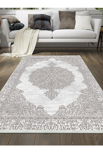 Sihirli Halı Özel Üretim Makinede Yıkanabilir Deri Taban Bej Renkli Dijital Baskı Salon Halısı