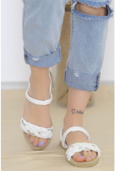 E Moda Taşlı Sandalet Beyaz - 9492.264.