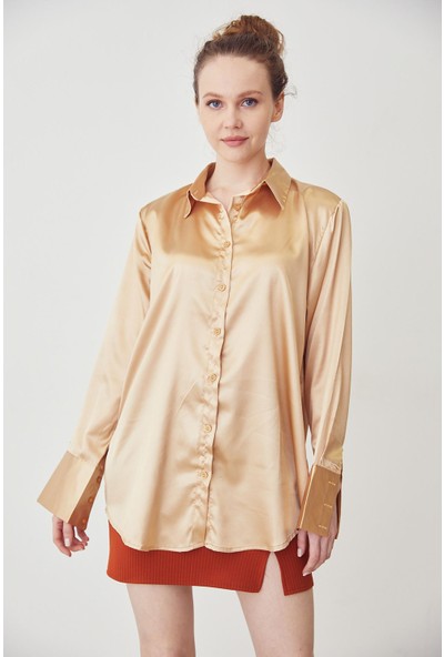 Miostil Oversize Saten Gömlek-Camel