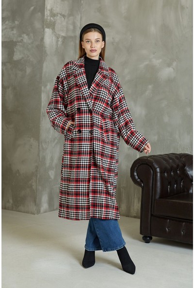 Miostil Desenli Uzun Kaşe Kaban-Kırmızı