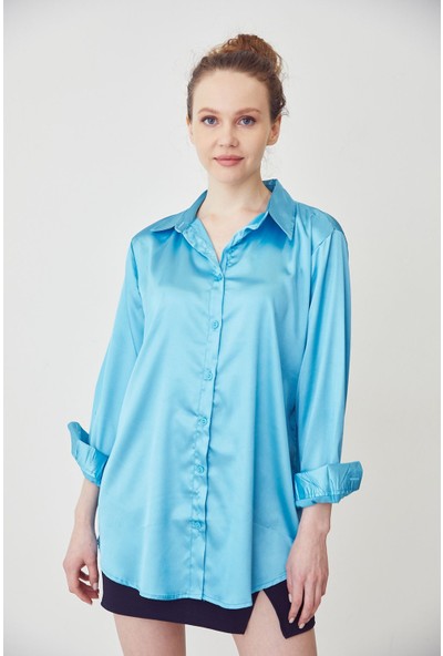 Miostil Oversize Saten Gömlek-Turkuaz Miostil Oversize Saten Gömlek-Turkuaz