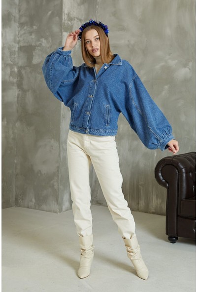 Miostil Balon Kol Jean Ceket-Mavi