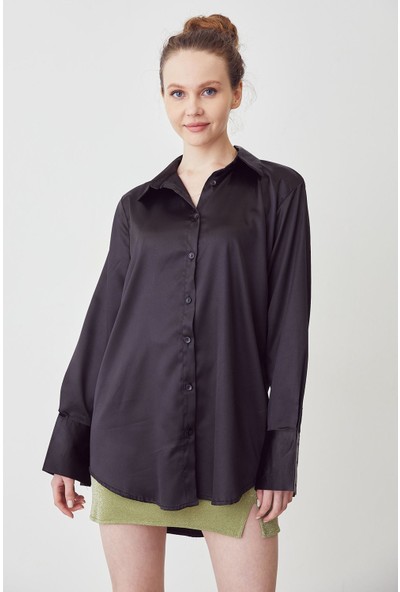 Miostil Oversize Saten Gömlek-Siyah Miostil Oversize Saten Gömlek-Siyah
