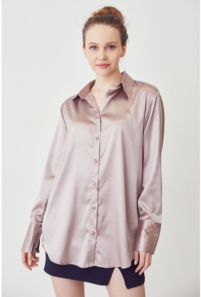 Miostil Oversize Saten Gömlek-Vizon Miostil Oversize Saten Gömlek-Vizon