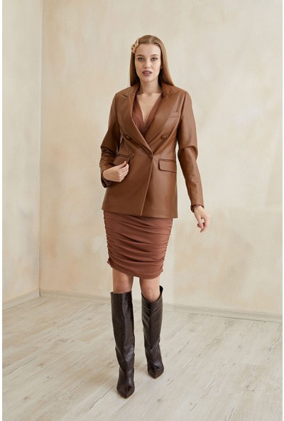 Miostil Düğmeli Deri Ceket-Taba Miostil Düğmeli Deri Ceket-Taba