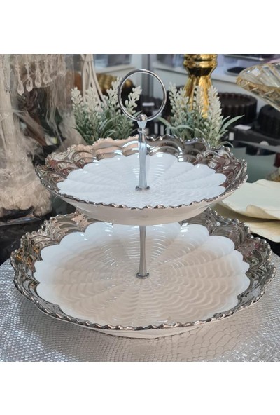 Sembol Gümüş Detaylı Porselen Katlı Kurabiyelik ELEGANT-360
