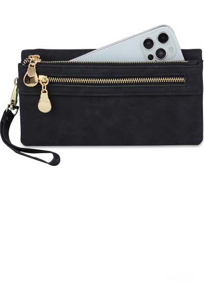 Bayana Siyah Nubuk Yumuşak Deri Kadın Cüzdanı