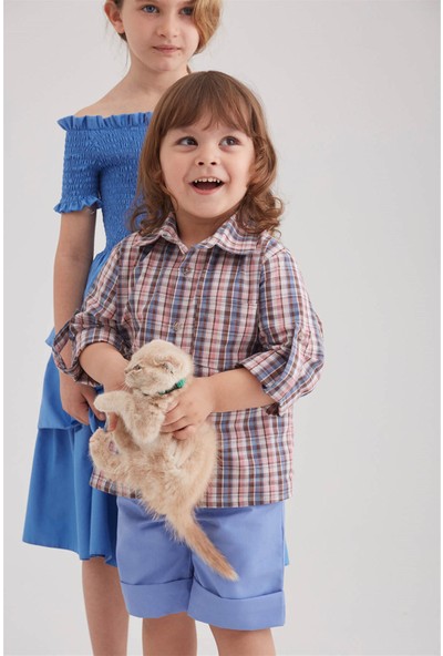 hoQuspoQus Erkek Çocuk Pötikare Şortlu Takım (Mavi)