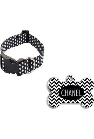 See Me Desenli Ayarlanabilir Köpek Boyun Tasması 25-40 cm Siyah+Çelik Kaplama Künye Siyah Beyaz