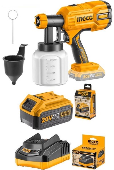 Ingco Li-Ion Akülü Boya Tabancası + 20V 5.0AH Akü + Hızlı Akıllı Şarj Cihazı