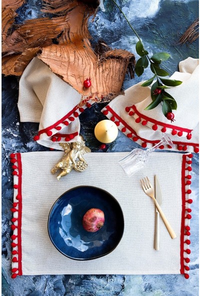 Emtory Home 6'lı Naturel Keten Kırmızı Ponponlu Amerikan Servisi Emtory Home 6'lı Naturel Keten Kırmızı Ponponlu Amerikan Servisi