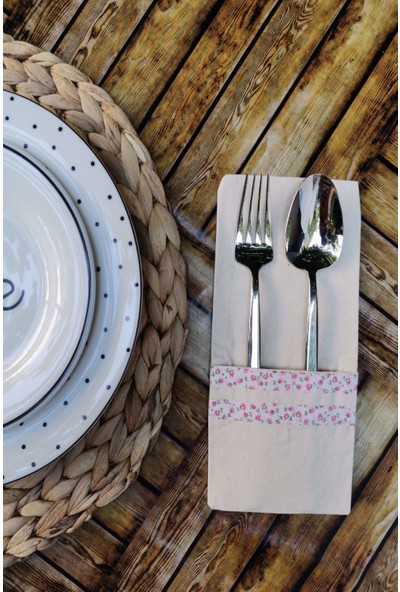 E-Sanat Evi 6 Adet Çiçek Şeritli Keten Kaşıklık Servis Sunum