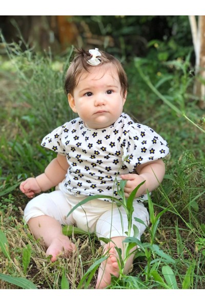 Cigit Balon Kollu Desenli T-Shirt 1-8 Yaş Ekru Papatya Desen