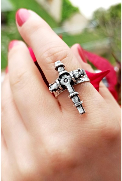 Fildişi Aksesuar Antik Gümüş Kaplama Haç Şekilli Ayarlanabilir Unisex Yüzük