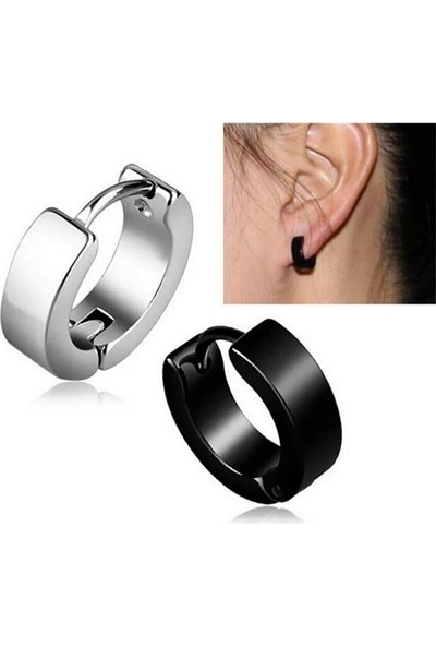The Collection Unisex Siyah ve Gümüş Cerrahi Çelik Halka Küpe