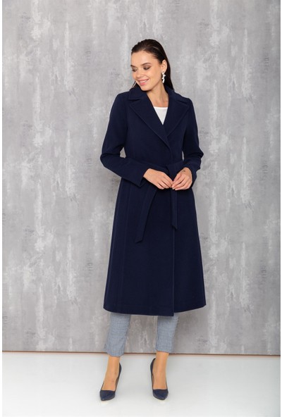 Concept Çıtçıtlı Belden Kuşaklı Ara Boy Kaban Lacivert 3633