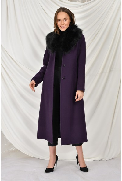 Concept Yakası Kürklü Beli Bağlamalı Ara Boy Kaban Mor 3397