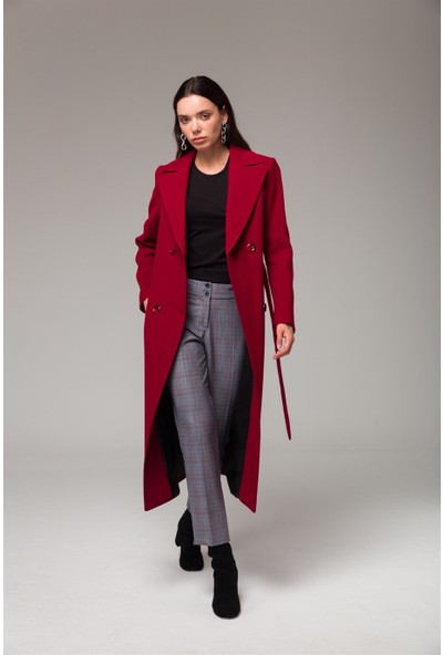 Concept Kruvaze Belden Bağlamalı Ara Boy Kaban Kırmızı 3754