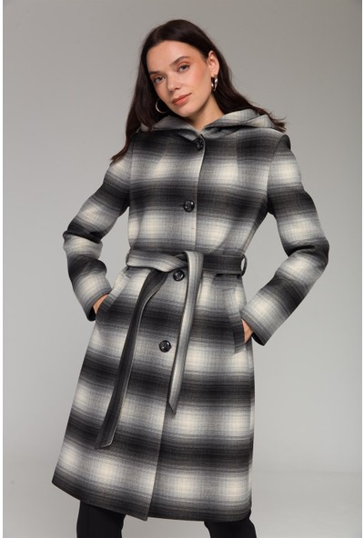 Olcay Kapşonlu Garnili Ekose Kaban Siyah-Gri 3775