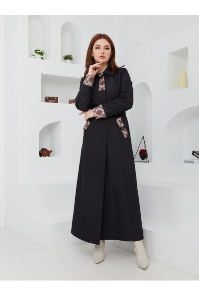 Olcay Gömlek Yaka Ekose Garnili Astarlı Uzun Büyük Beden Trençkot Siyah 4276 Olcay Gömlek Yaka Ekose Garnili Astarlı Uzun Büyük Beden Trençkot Siyah 4276
