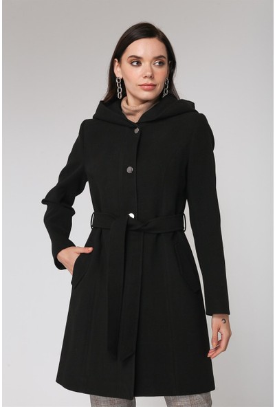 Olcay Kapşonlu Çıt Çıt Kapamalı Kaban Siyah 3777