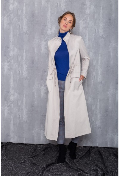 Olcay Beli Büzgülü Astarlı Uzun Trençkot Taş 6095