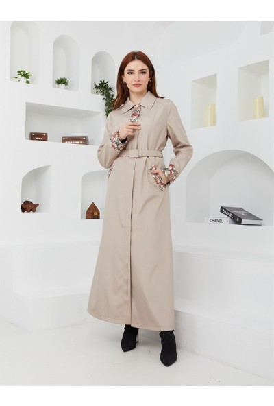 Olcay Gömlek Yaka Ekose Garnili Astarlı Uzun Büyük Beden Trençkot Taş 4276 Olcay Gömlek Yaka Ekose Garnili Astarlı Uzun Büyük Beden Trençkot Taş 4276