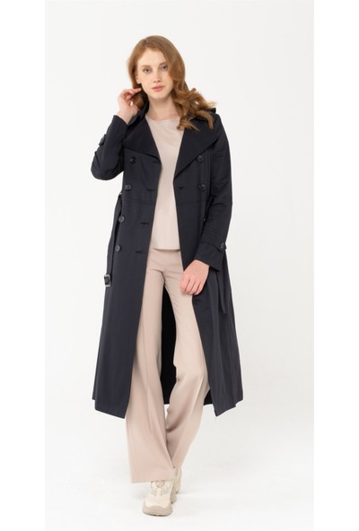 Olcay Kemeri Dikiş Detaylı Yarım Astarlı Kruvaze Trençkot Lacivert 6377