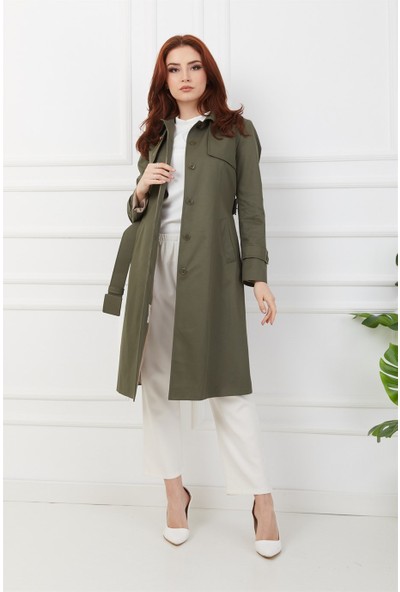 Olcay Gömlek Yaka Pelerinli Su Itici Özellikli Astarlı Trençkot Haki 6300