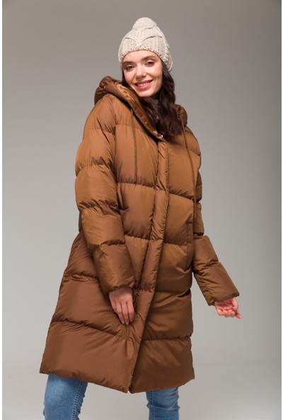 Olcay Kapüşonlu Fermuar Kapamalı Şişme Mont Taba 6225