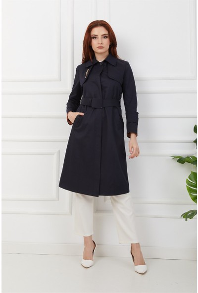 Olcay Gömlek Yaka Pelerinli Su Itici Özellikli Astarlı Trençkot Lacivert 6300