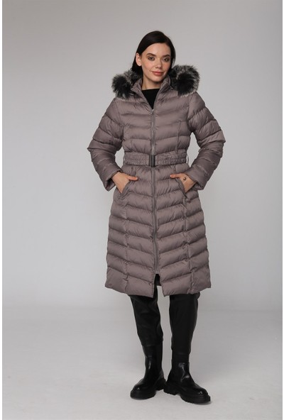 Olcay Kapşonu Kürklü Fermuar Detaylı Şişme Mont Gri 6136