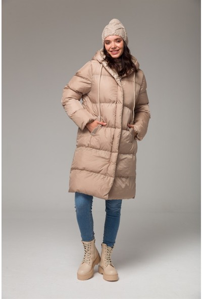 Olcay Kapüşonlu Fermuar Kapamalı Şişme Mont Taş 6225