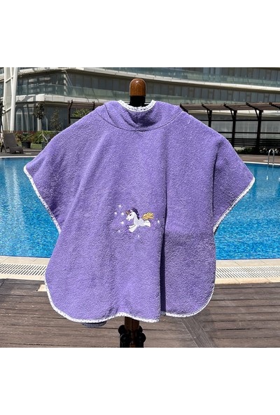 Ewp Mor Unicorn Desenli Çok Amaçlı Organik Çocuk Havlu Panço Standart Beden