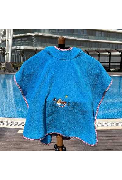 Ewp Mavi Kamyon Desenli Çok Amaçlı Organik Çocuk Havlu Panço Standart Beden