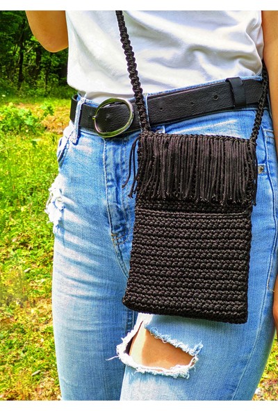 Evishe El Örgüsü Püsküllü Telefon Çantası